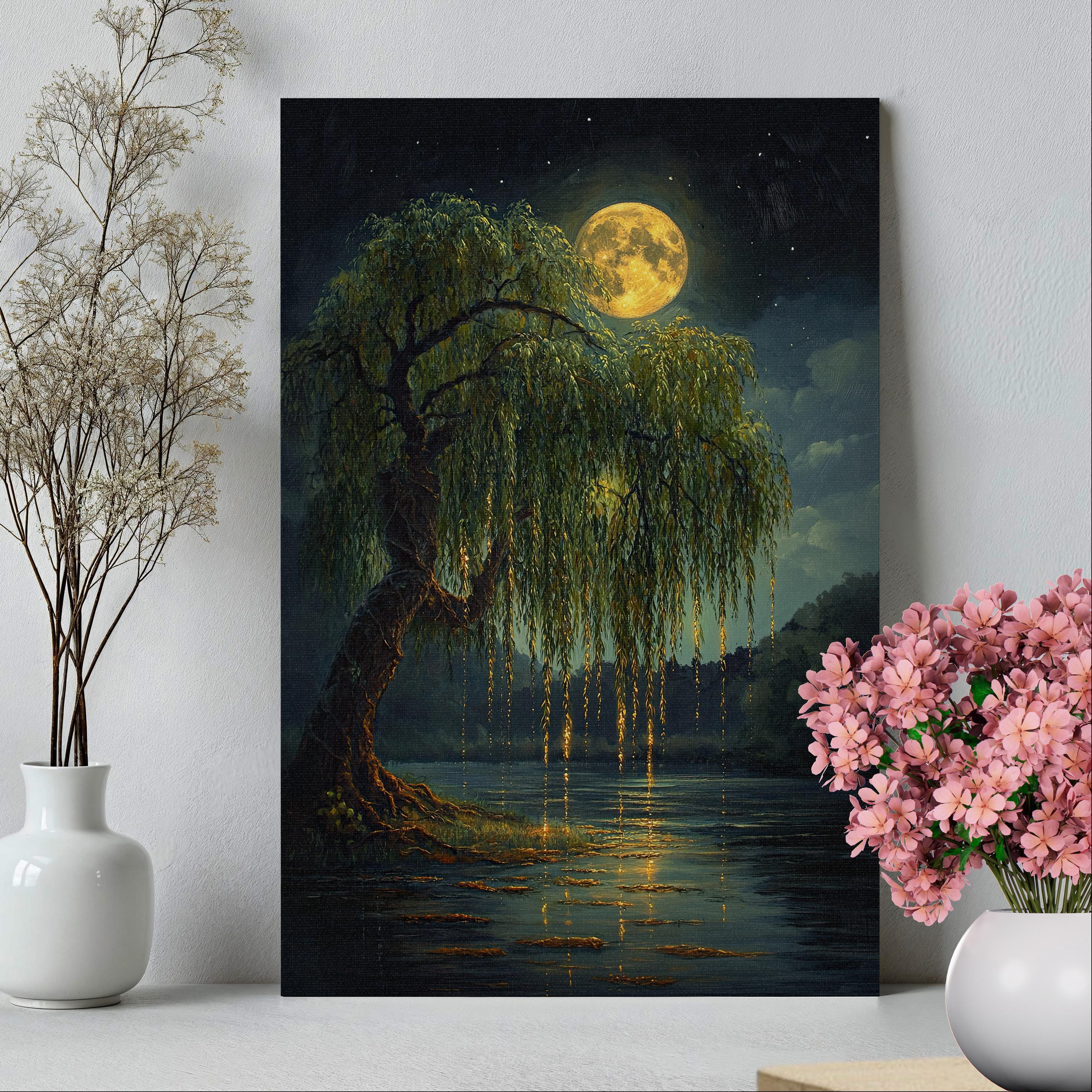 Full Moon Over Weeping Willow Tree by the Lake Mystical Wall Art Poster ...