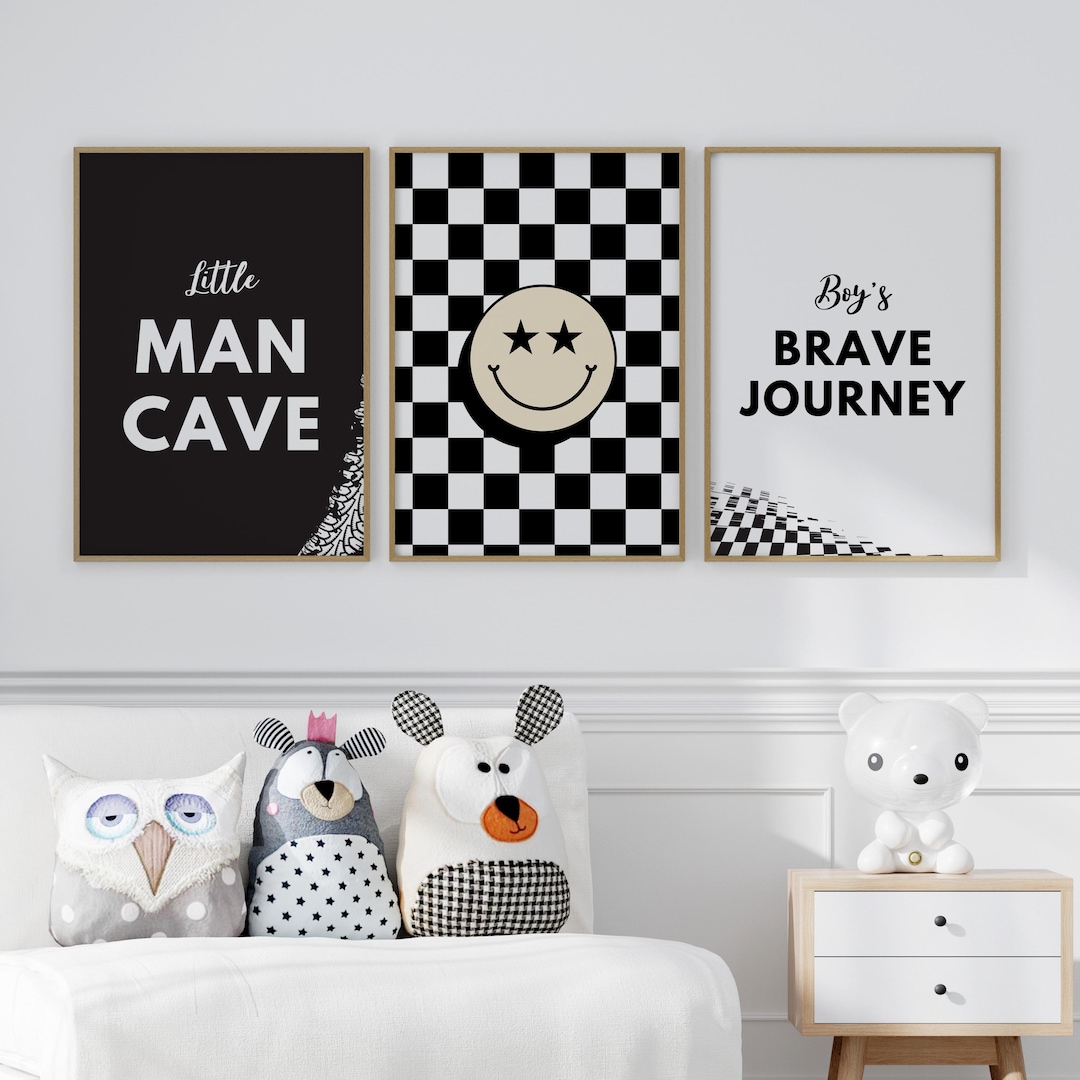 Little Man Cave Checkered Smiley Brave Journey Art Print Set of 3 or ...