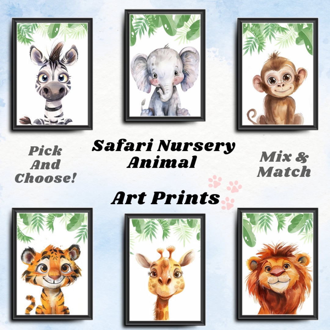 6 Piece Set Safari Nursery Animal Print, Cute Jungle Animal Wall Art ...