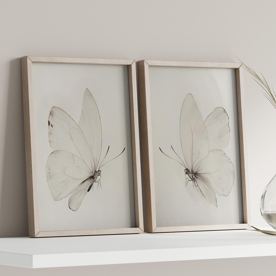 White Butterflies Ink Painting Set of 2 Poster or Canvas Print, Vintage ...