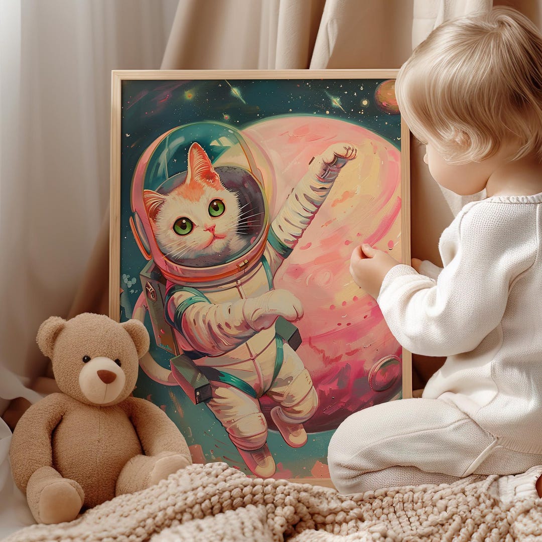 Cat Astronaut Wall Art Poster or Canvas Print, Tabby Cat Astronaut Cat ...