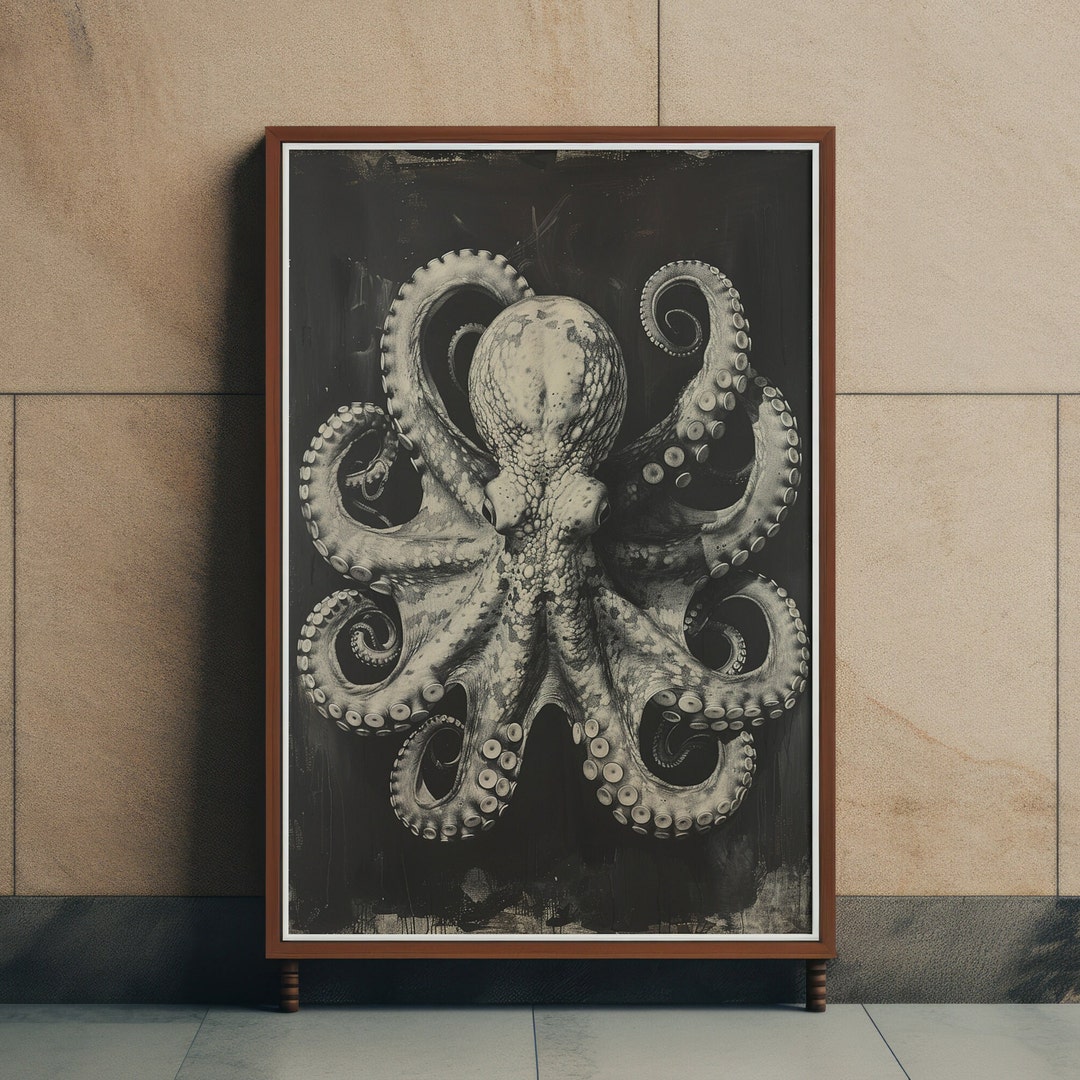 Octopus Monochrome Charcoal Art Print, Nautical Decor Sea Life Wall Art ...