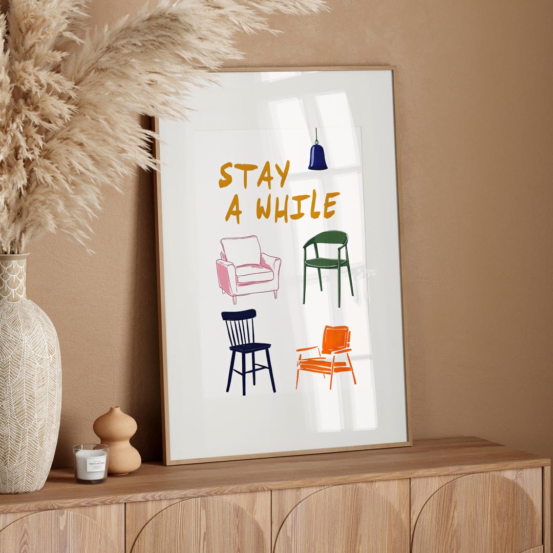 Stay A While Retro Line Art Print Poster or Canvas, Hand Drawn Sketch ...