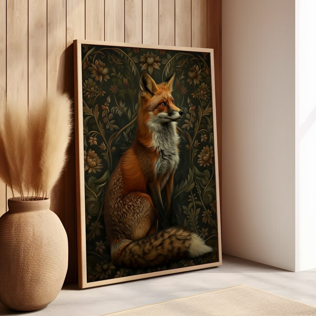 Red Fox Floral Vintage Art Print or Canvas, Fox and Flower Art Print, Dark Academia Cottagecore ...