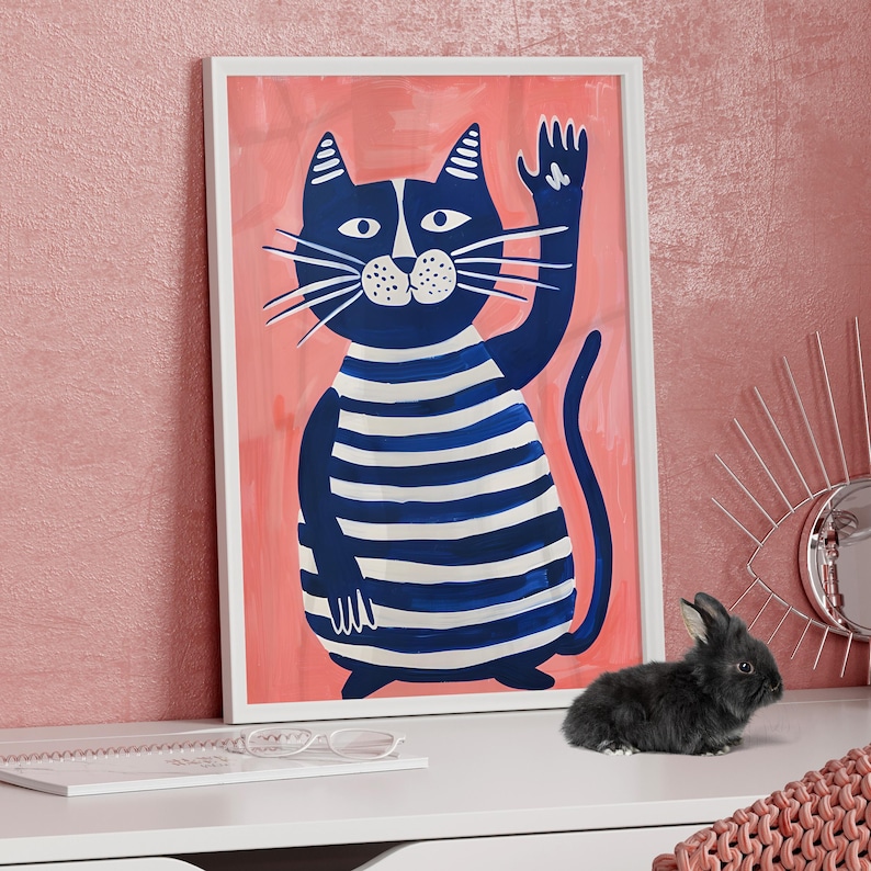 Minimalistic Blue Cat Pink Painting Poster or Canvas Print, Cat in ...