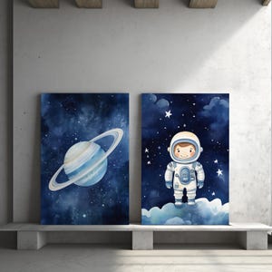 Watercolor Space Wall Art Set of 3, Astronaut Spaceship Planet Print ...