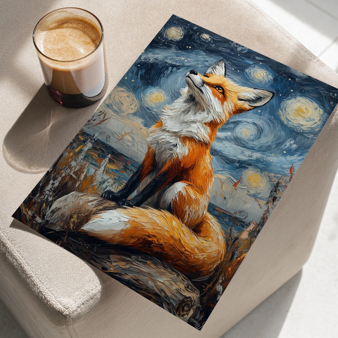 Van Gogh Inspired Red Fox Portrait Starry Night Sky Oil Painting Poster ...