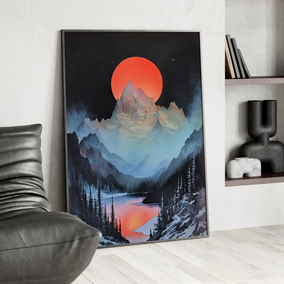 Red Moon Over Snowy Mountains With Lake and Trees Art Print Poster or ...