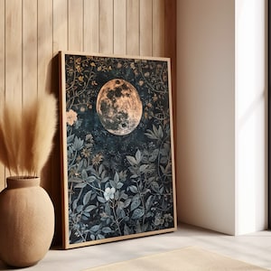 Moon Eclipse Botanical William Morris Inspired Art Print or Canvas, Dark Cottagecore Decor, Dark ...