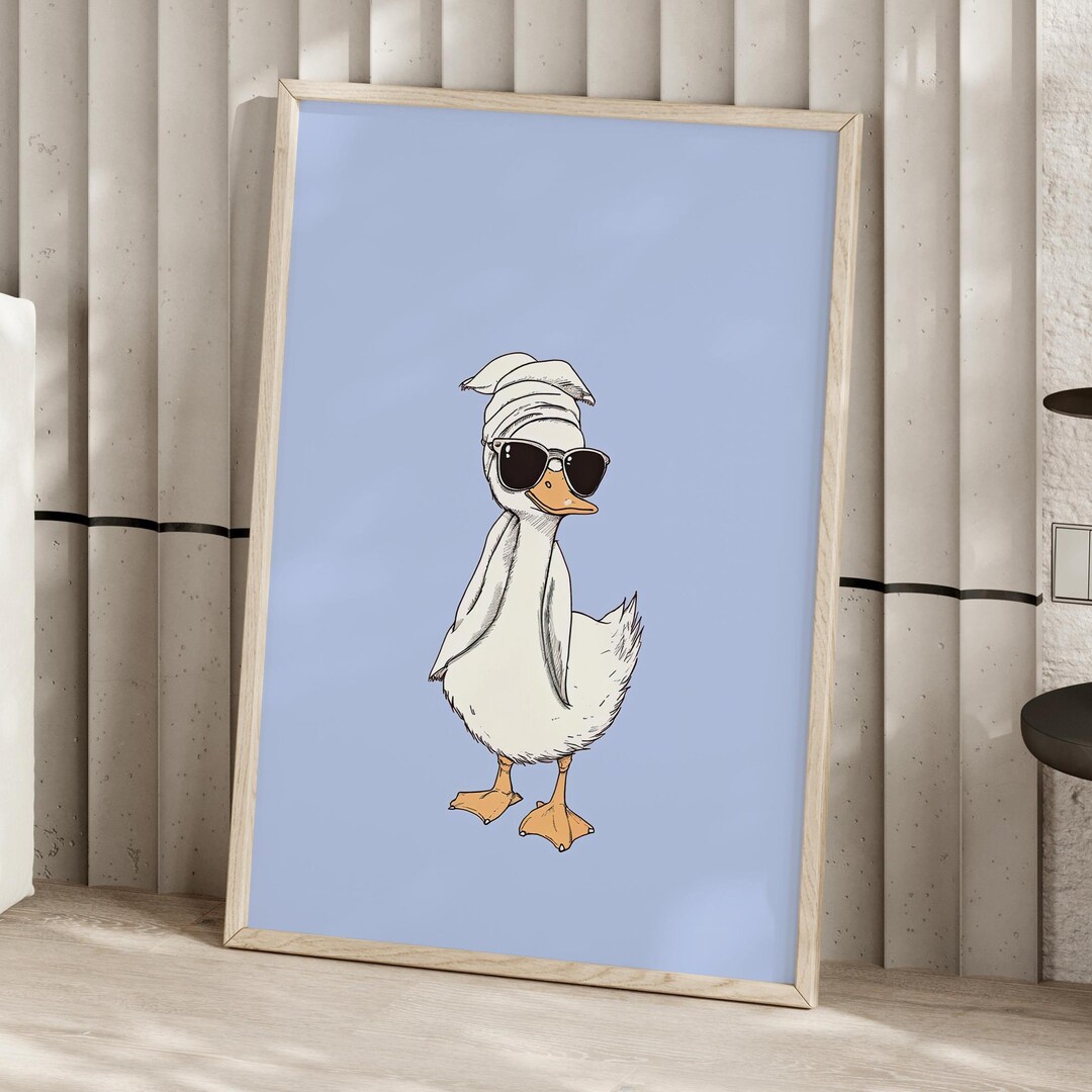 Duck Wearing Sunglasses and Head Towel Pastel Blue Wall Art Poster or ...