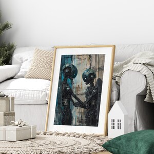 Whimsical Robot Couple Wall Art, Modern Robot Print, Humanoid Lover ...