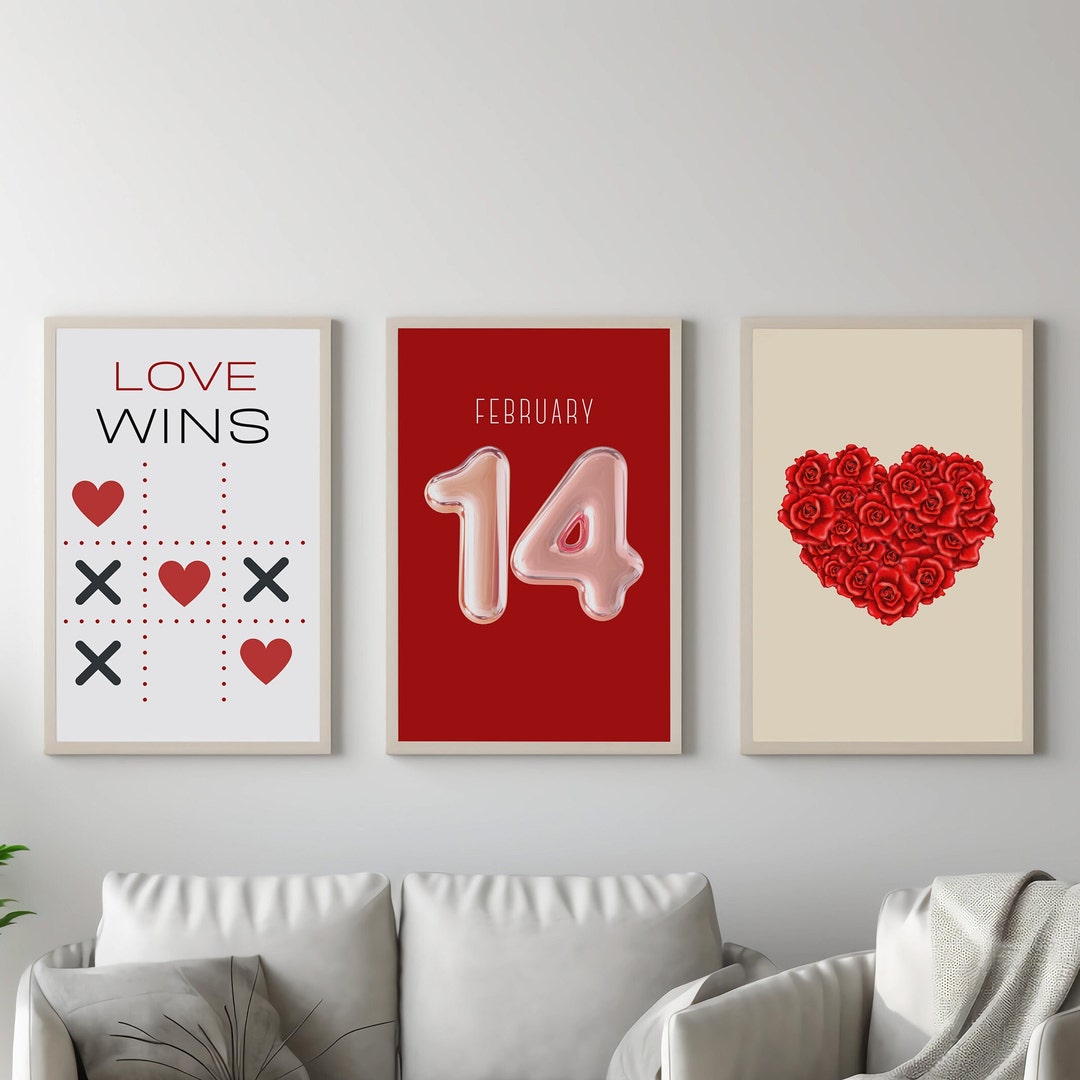 Cute Trendy Red Valentine Wall Art Set of 3, Cute Flower Bouquet Print ...