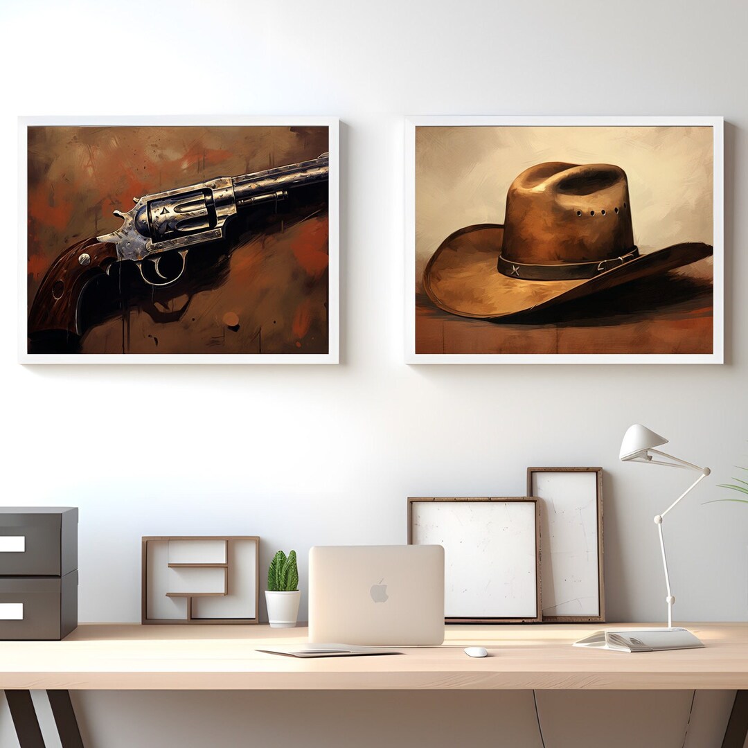 Classic and Warm Colored Cowboy Hat and Revolver Pistol Wall Art Set ...