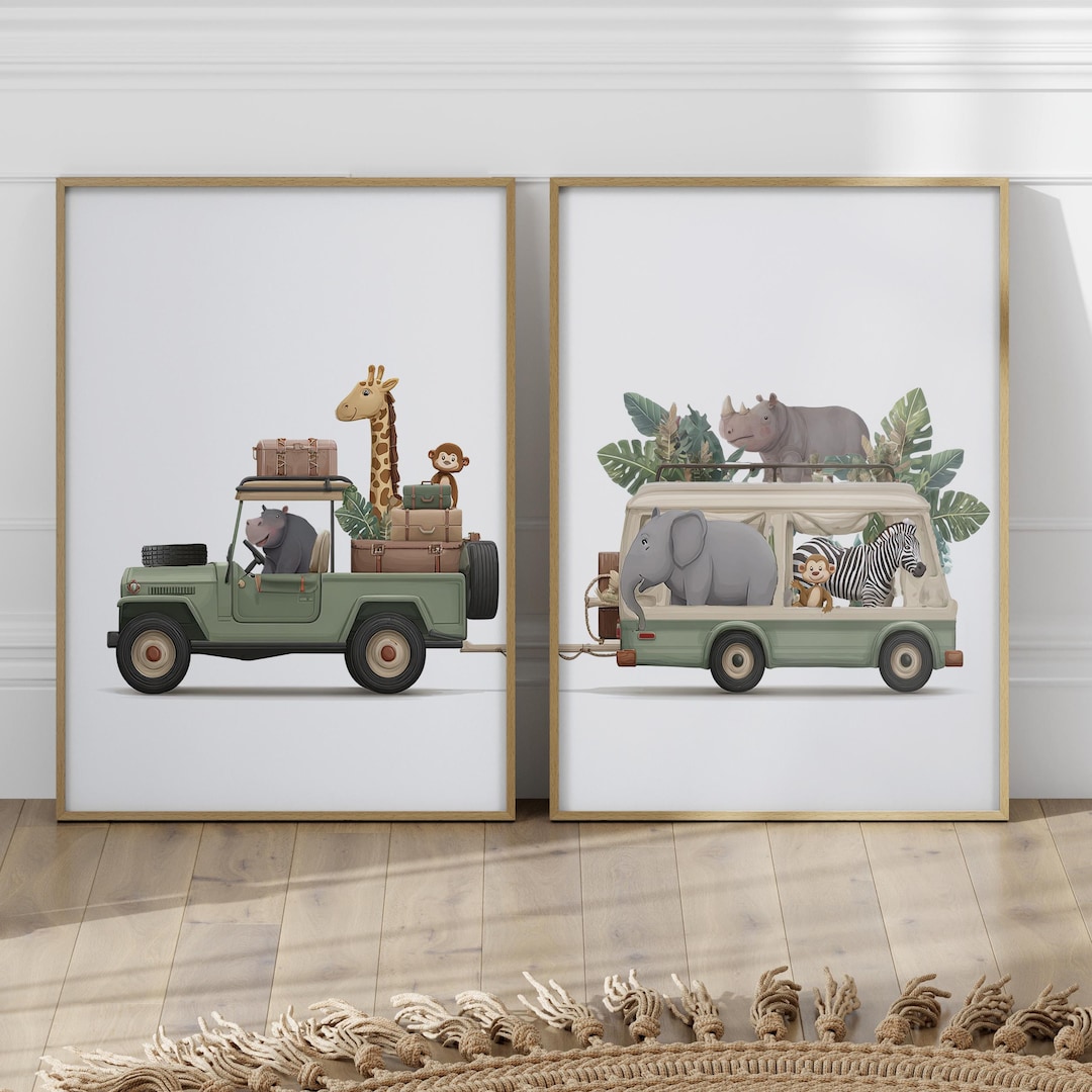 Safari Animals Green Truck Adventure Set of 2 Poster or Canvas Print ...