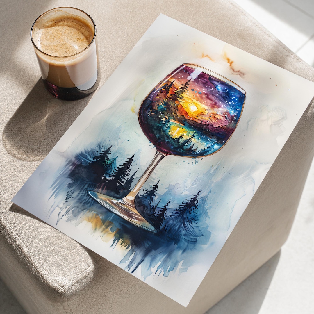 Watercolor Forest & Galaxy Wine Glass Celestial Wall Art Poster or ...