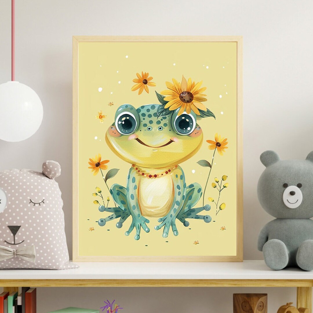 Frog Sunflower Watercolor Nursery Art Print, Cute Frog Decor Wall Art ...
