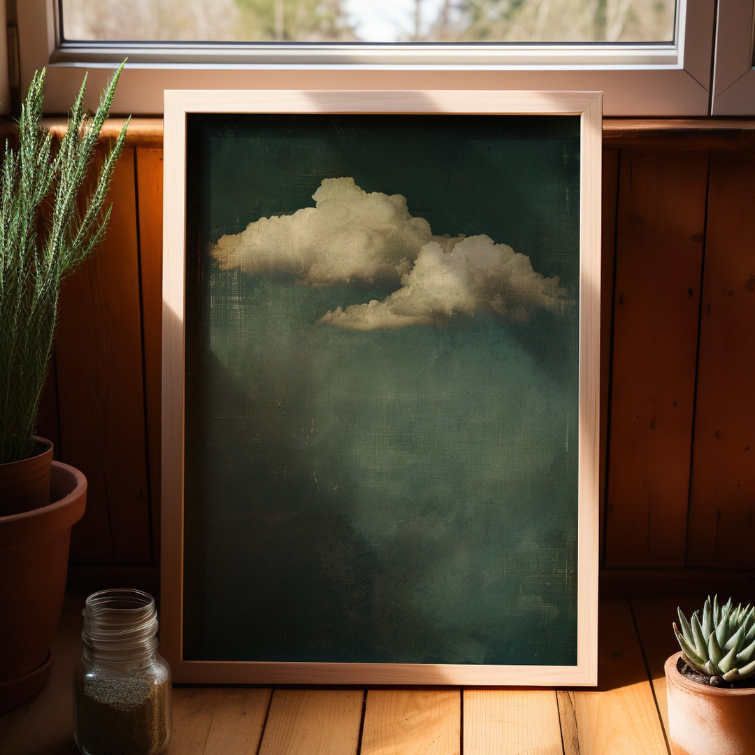 Vintage Oil Painting of 2 Clouds Against A Gloomy Blue Background ...