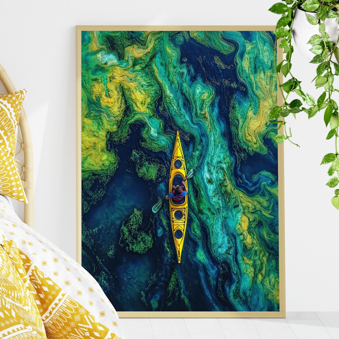 Yellow Kayak in the Sea Aerial View Oil Painting Poster or Canvas Print ...