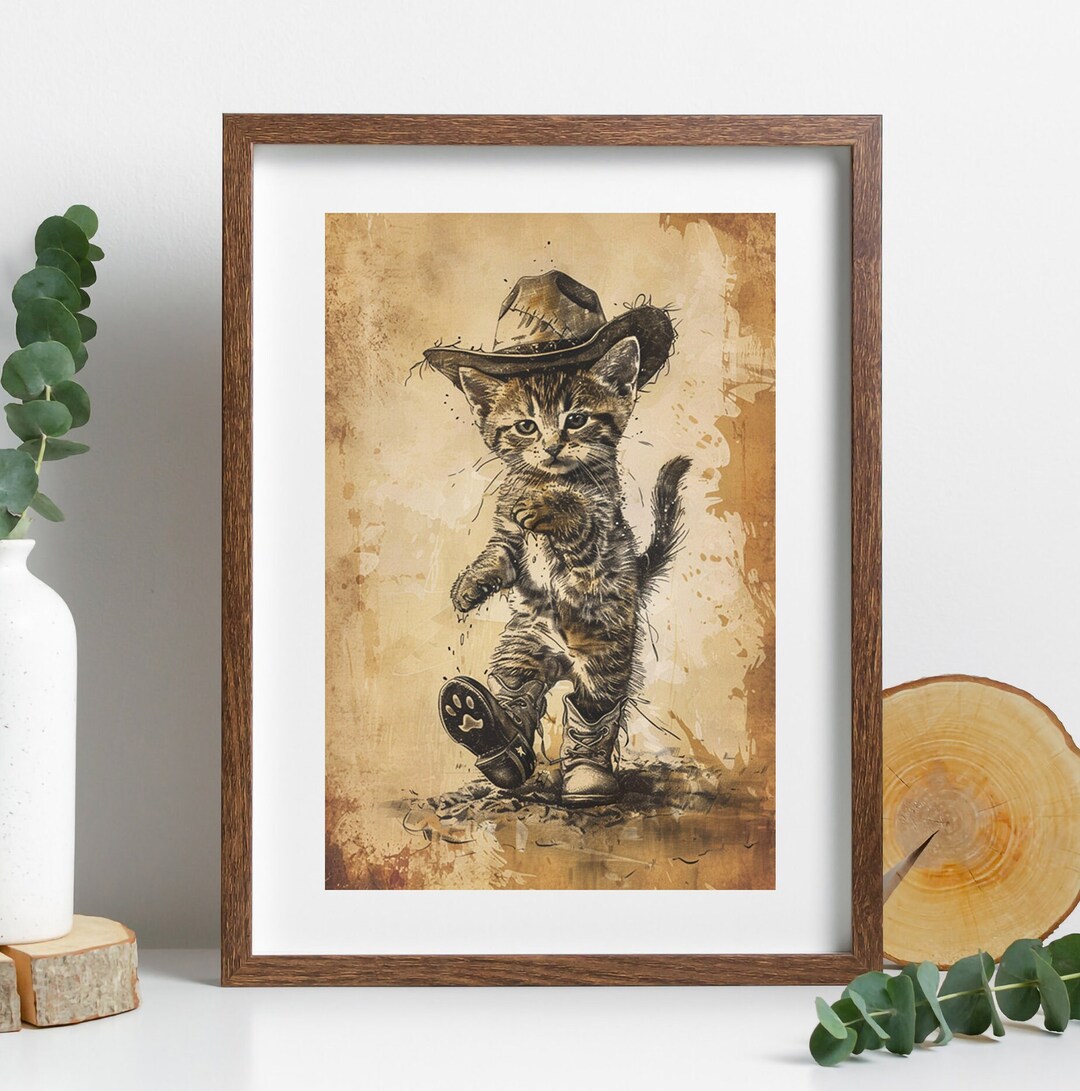 Cowboy Cat Poster, Pet Art Print Gift, Pet Travel, Vintage Western Wall ...