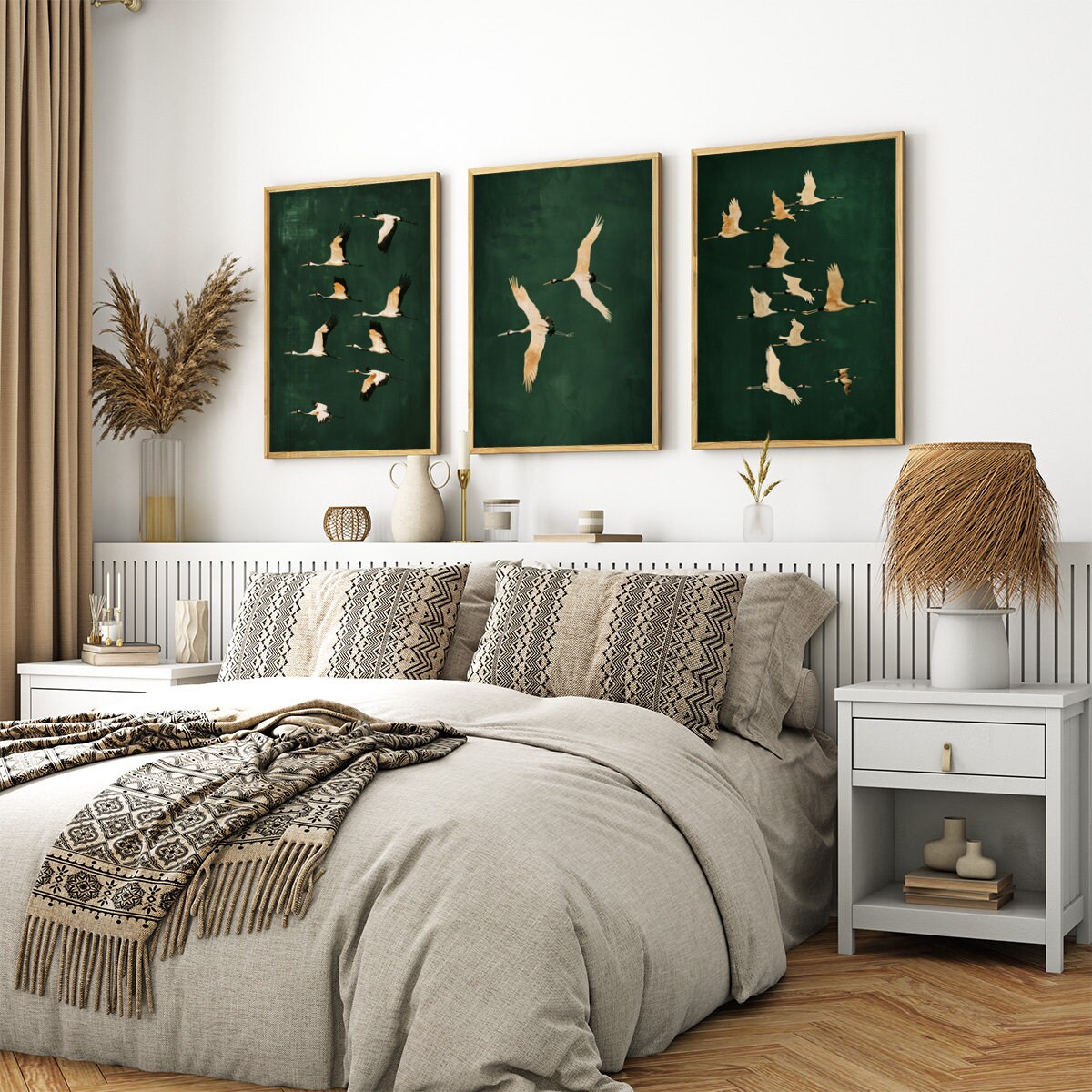 Cranes Emerald Green 3-piece Set Wall Art or Canvas, Cranes Japanese ...