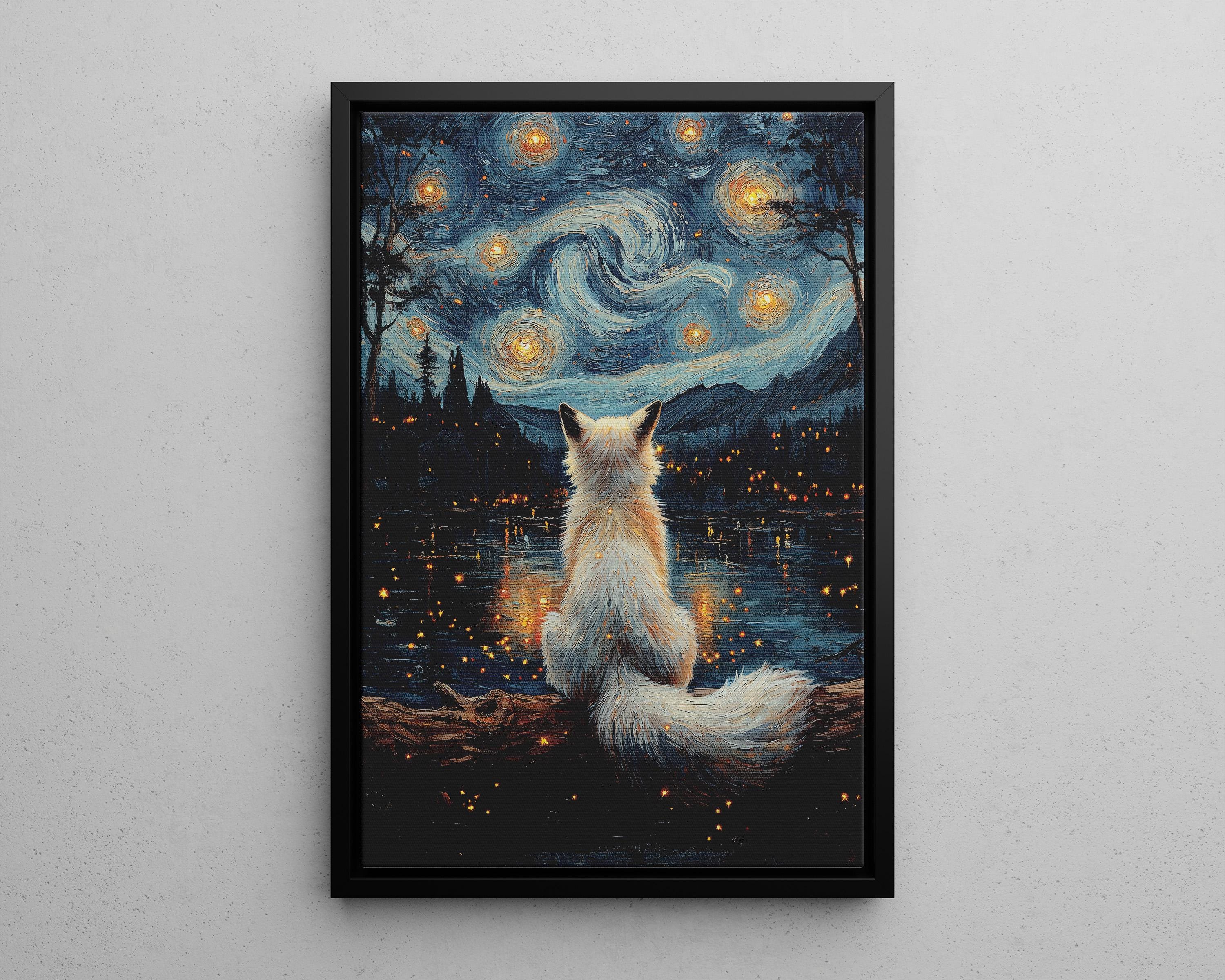 White Fox Van Gogh Inspired Starry Night Sky Oil Painting Poster or ...