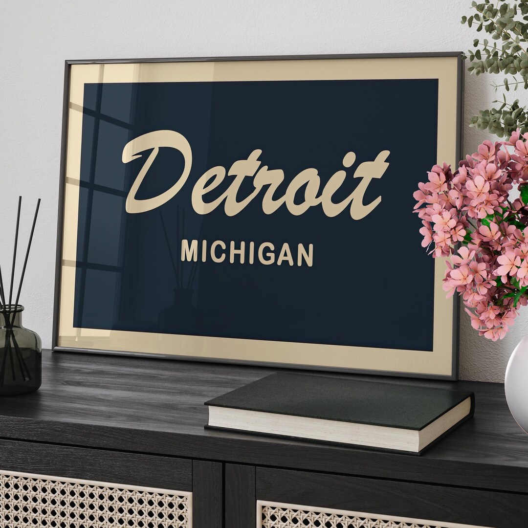 Detroit Michigan Dark Blue Typography Art Poster or Canvas Print, Retro ...