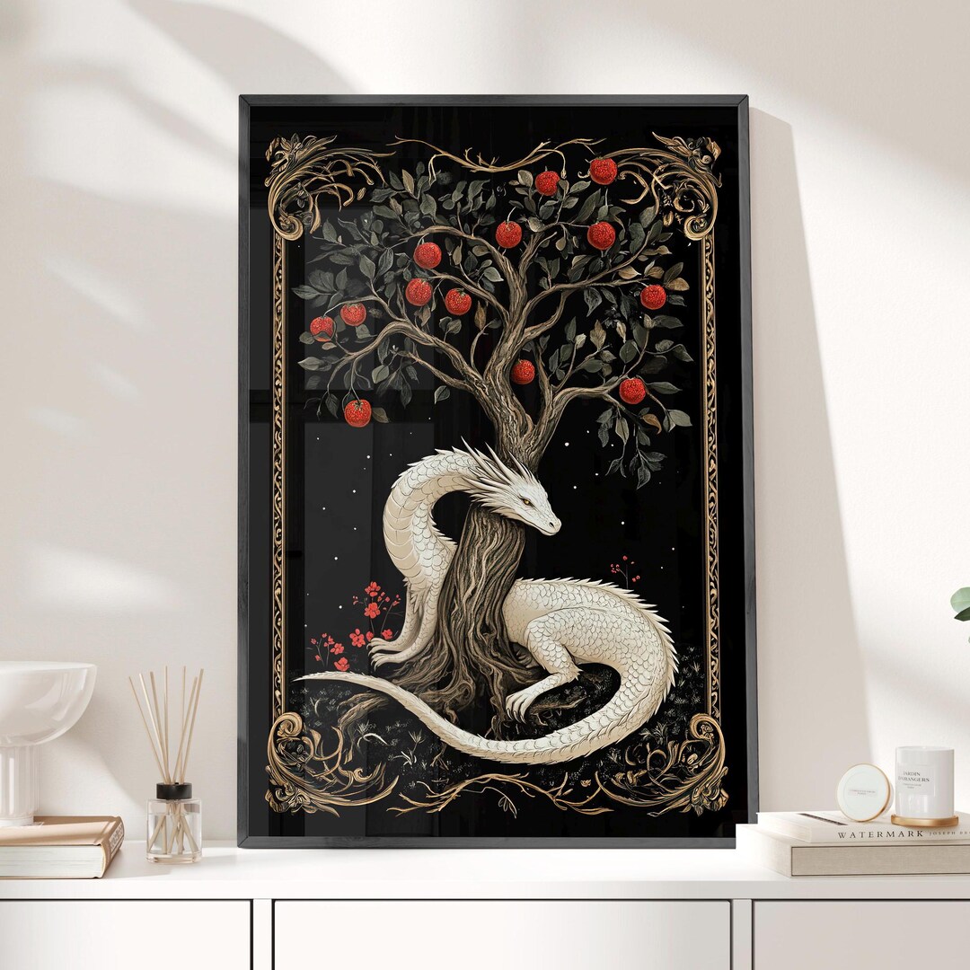 White Dragon Under a Tree Folk Art Style Print Poster or Canvas ...