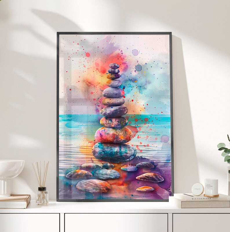 Zen Stones Stack Watercolor Painting Ocean Art Print Poster or Canvas ...