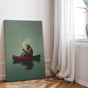 Bigfoot on a Red Canoe Fishing Retro Art Poster or Canvas Print ...
