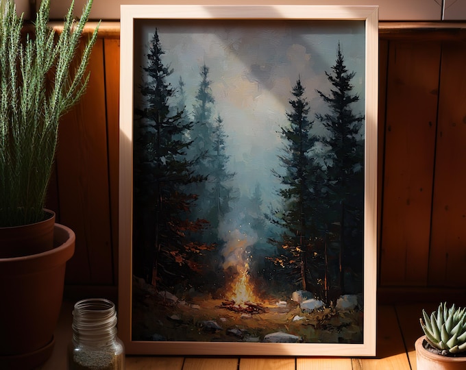 Rustic Campfire Oil Painting, Moody Pine Tree Poster Print, Camping ...