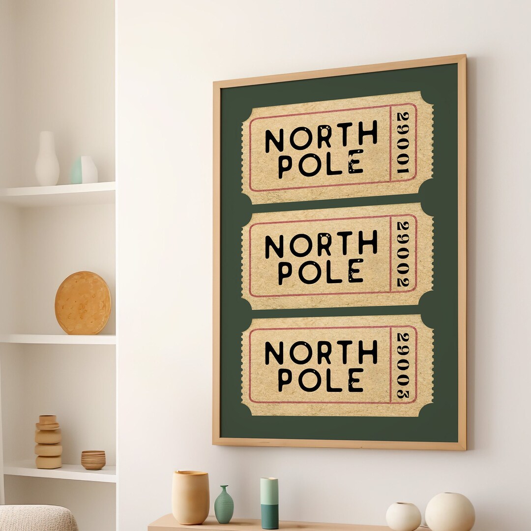 Vintage North Pole Ticket Green Poster Print, Winter Green Christmas ...