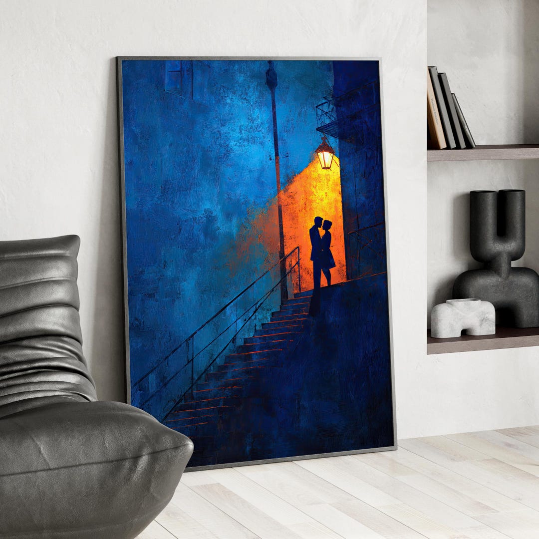 Romantic Night Staircase Art Poster or Canvas Print, Urban Lovers ...