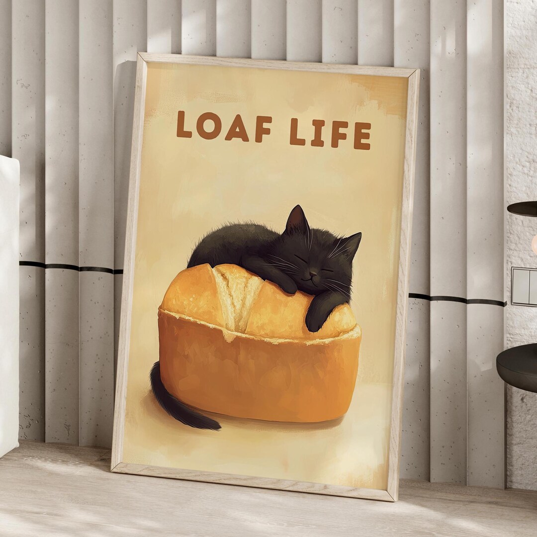 Black Cat Loaf Life Vintage Painting Poster or Canvas Print, Cute Funny ...