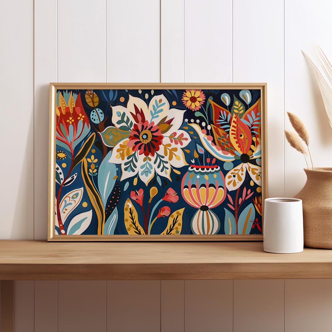 Mexican Style Flowers Colorful Abstract Wall Art Canvas or Poster Print ...