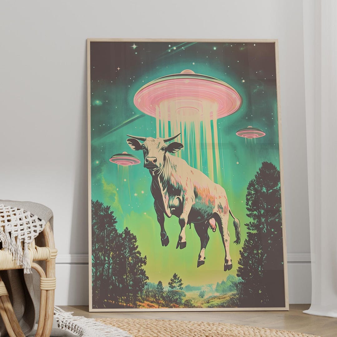 Retro Alien UFO Cow Abduction Art Poster or Canvas Print, Vintage UFO ...