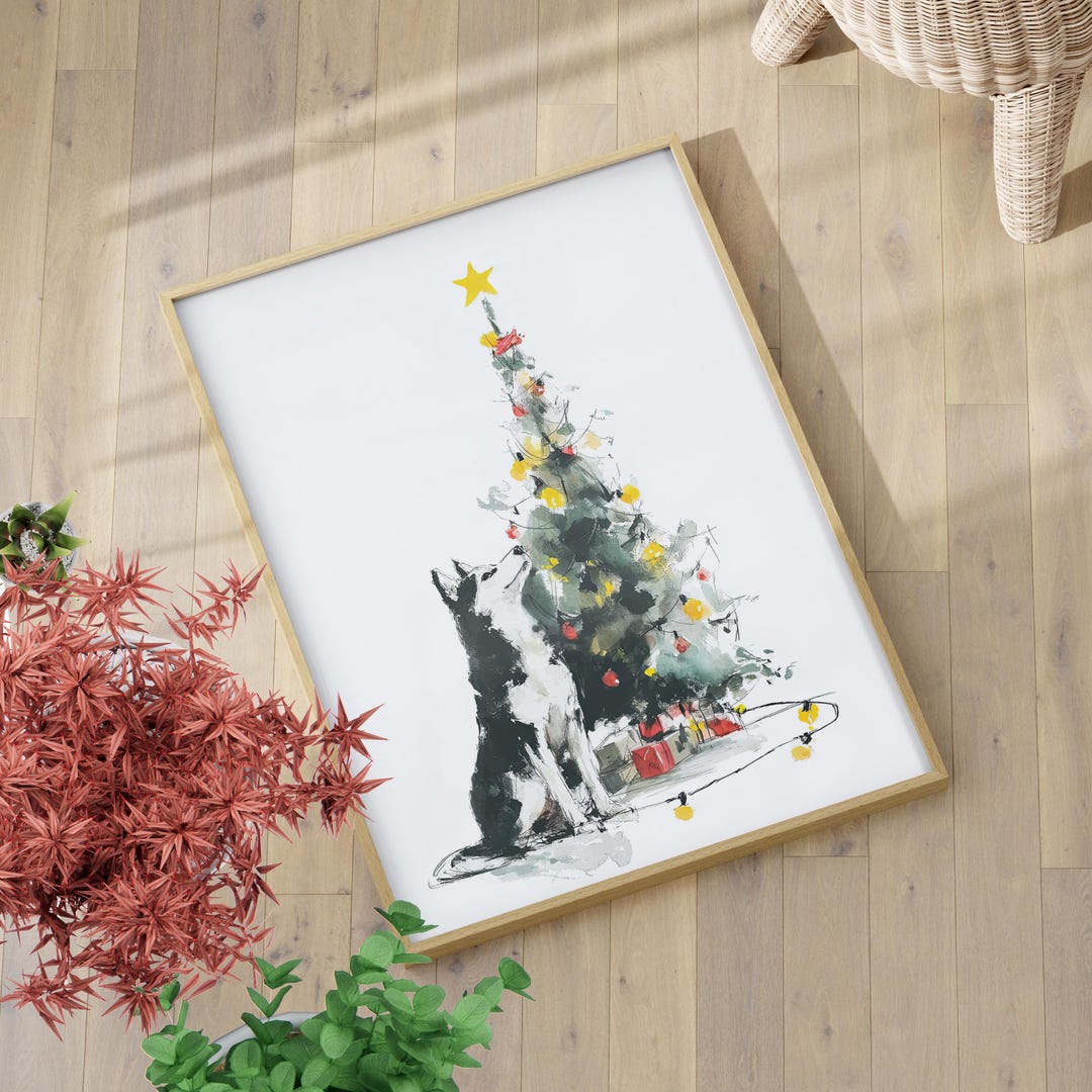 Husky Christmas Tree Wall Art Poster or Canvas Print, Watercolor Dog ...