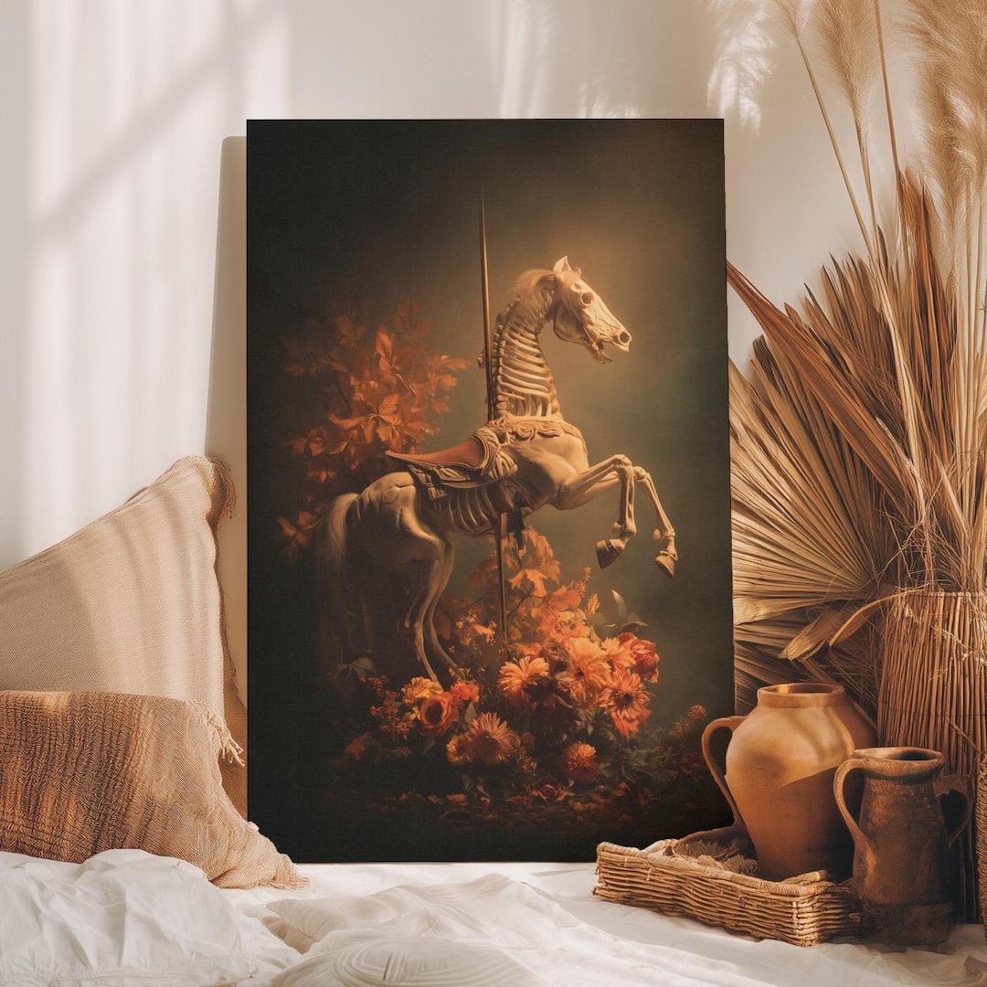 Skeleton Carousel Horse Wall Art Print or Canvas, Gothic Autumn Floral ...