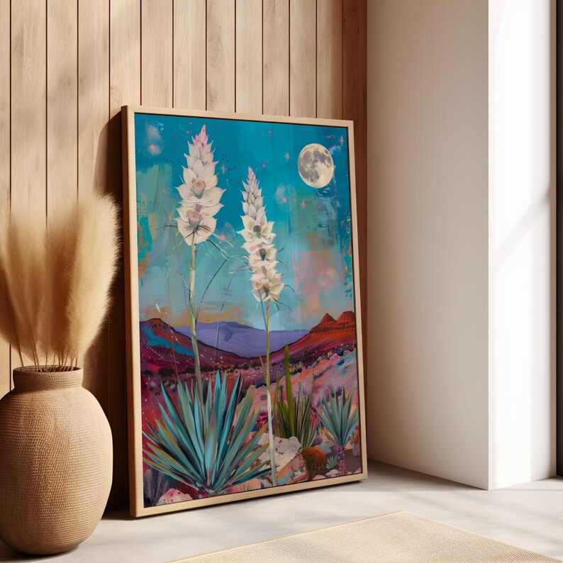 White Yucca Flowers Moon Over Desert Landscape Poster or Canvas Print ...