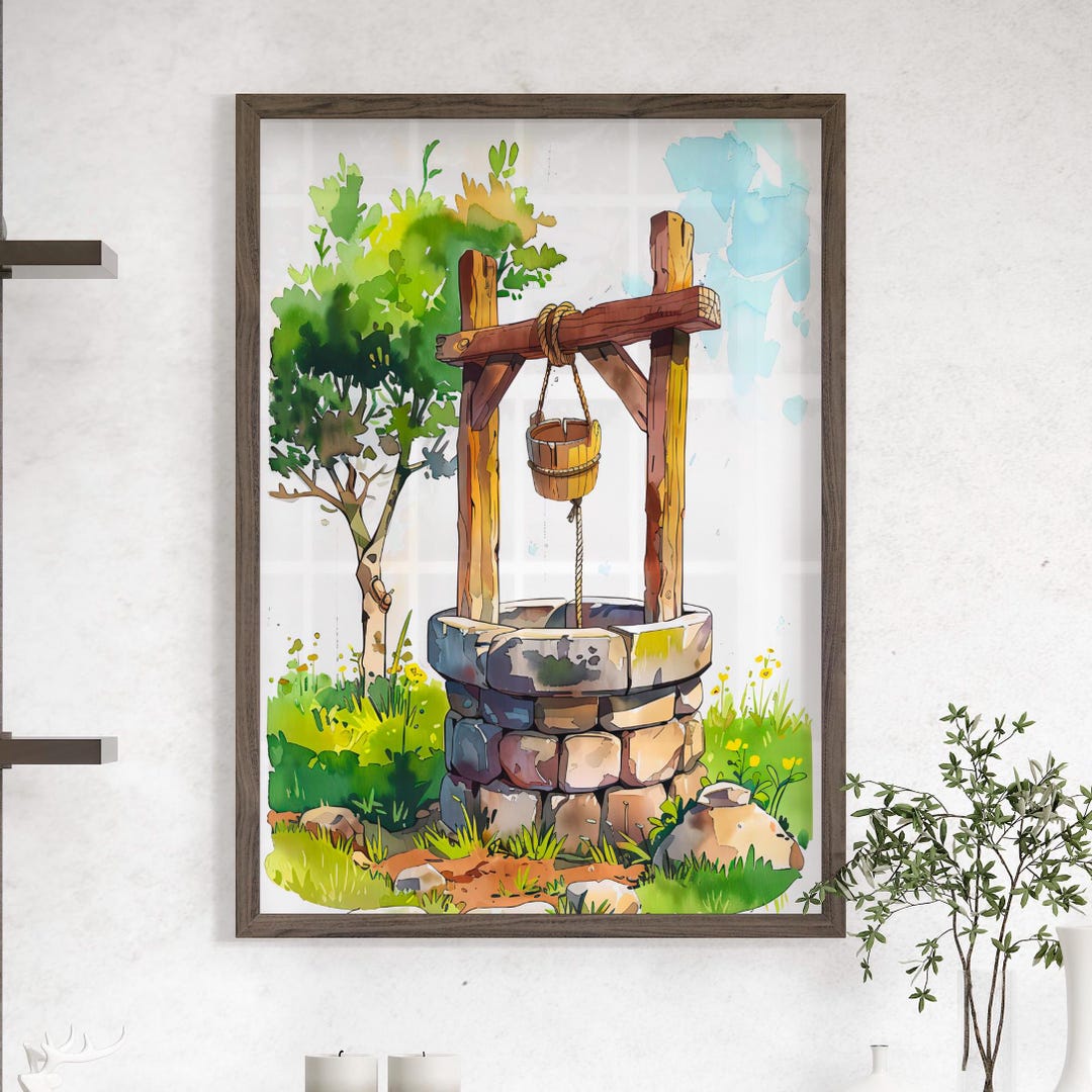 Vintage Stone Well Illustration Poster or Canvas Print, Vintage Wishing ...