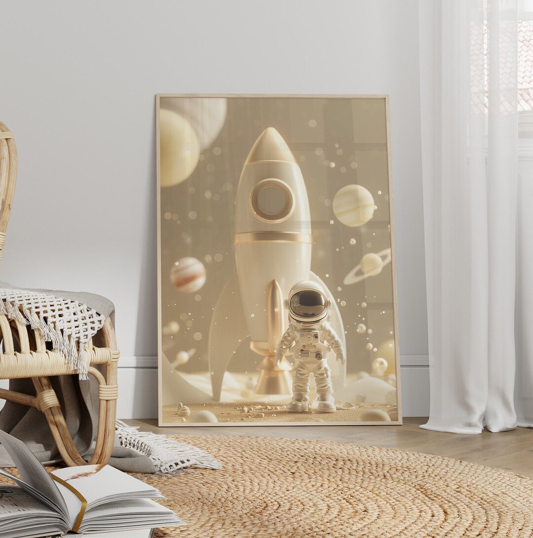 Rocket and Astronaut in Space Nursery Poster, Cute Space Art Baby Room ...