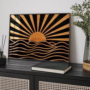 Golden Sun Rise Over the Horizon Wooden Style Art Print Poster or ...