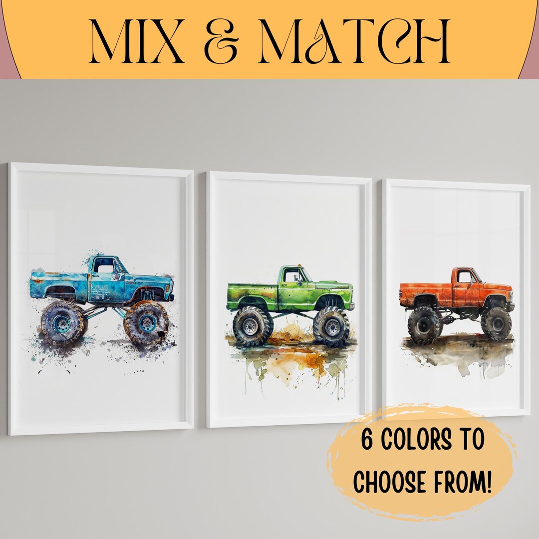6 Piece Set Monster Truck Poster Watercolor Art Print, Kids Room Wall ...