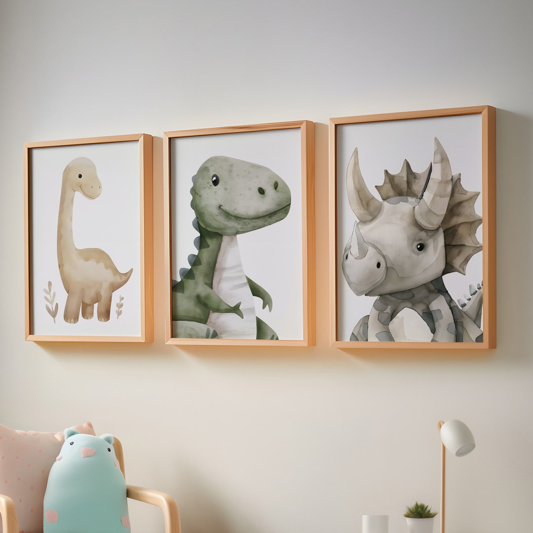 T-rex Dinosaur Brachiosaurus Triceratops Watercolor Painting 3 Piece ...