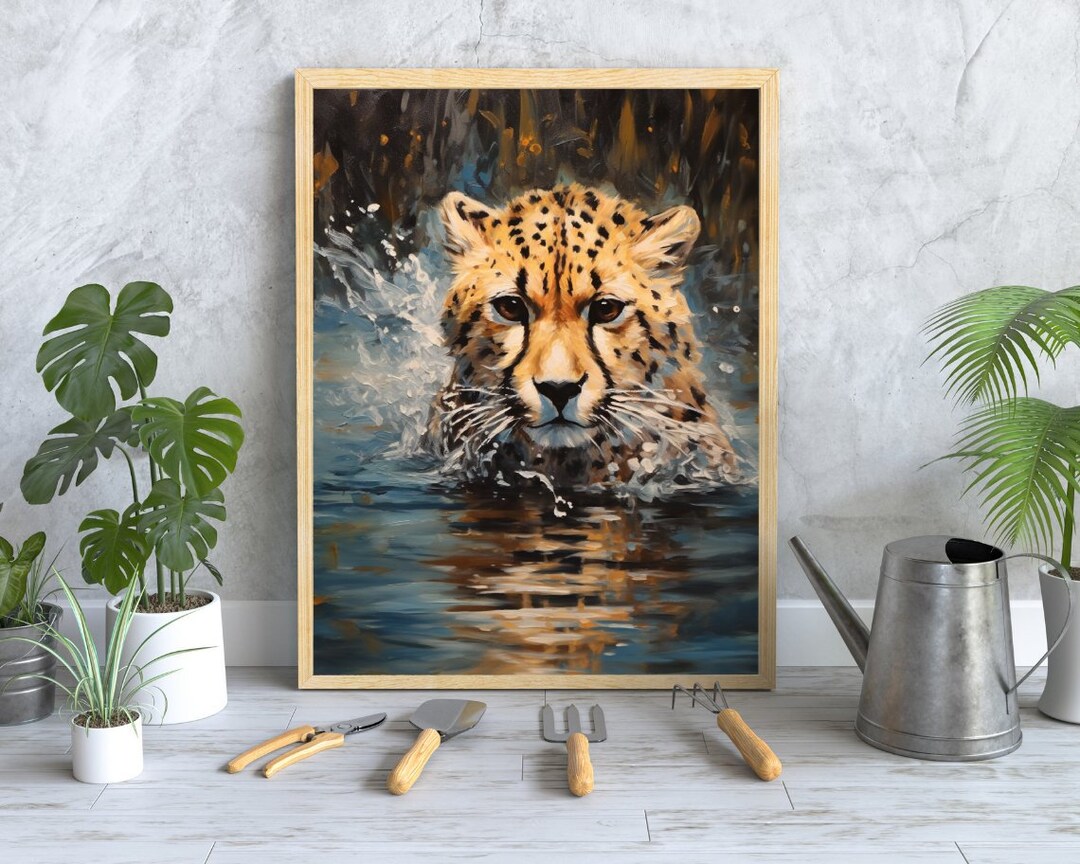 Swimming Cheetah on A Pond Oil-based Style Painting, Preppy Feline Wall ...