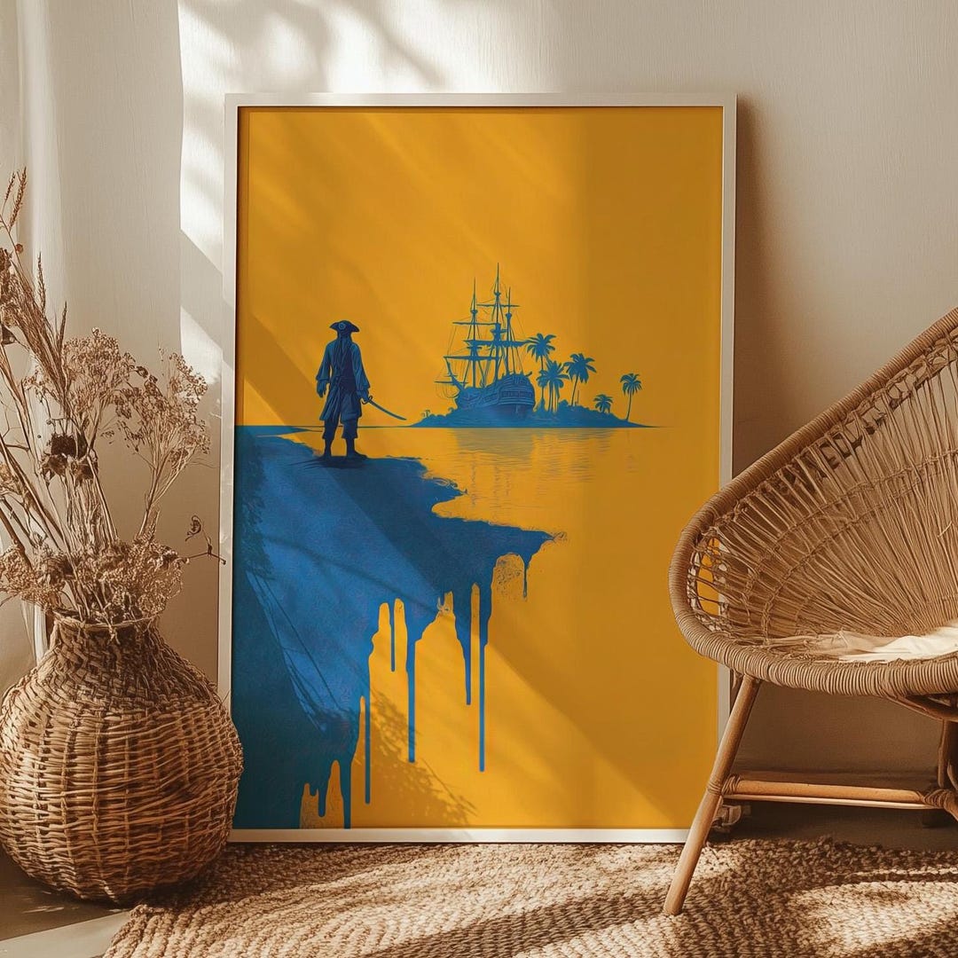 Pirate Silhouette on Beach Wall Art Poster or Canvas Print, Ship and ...