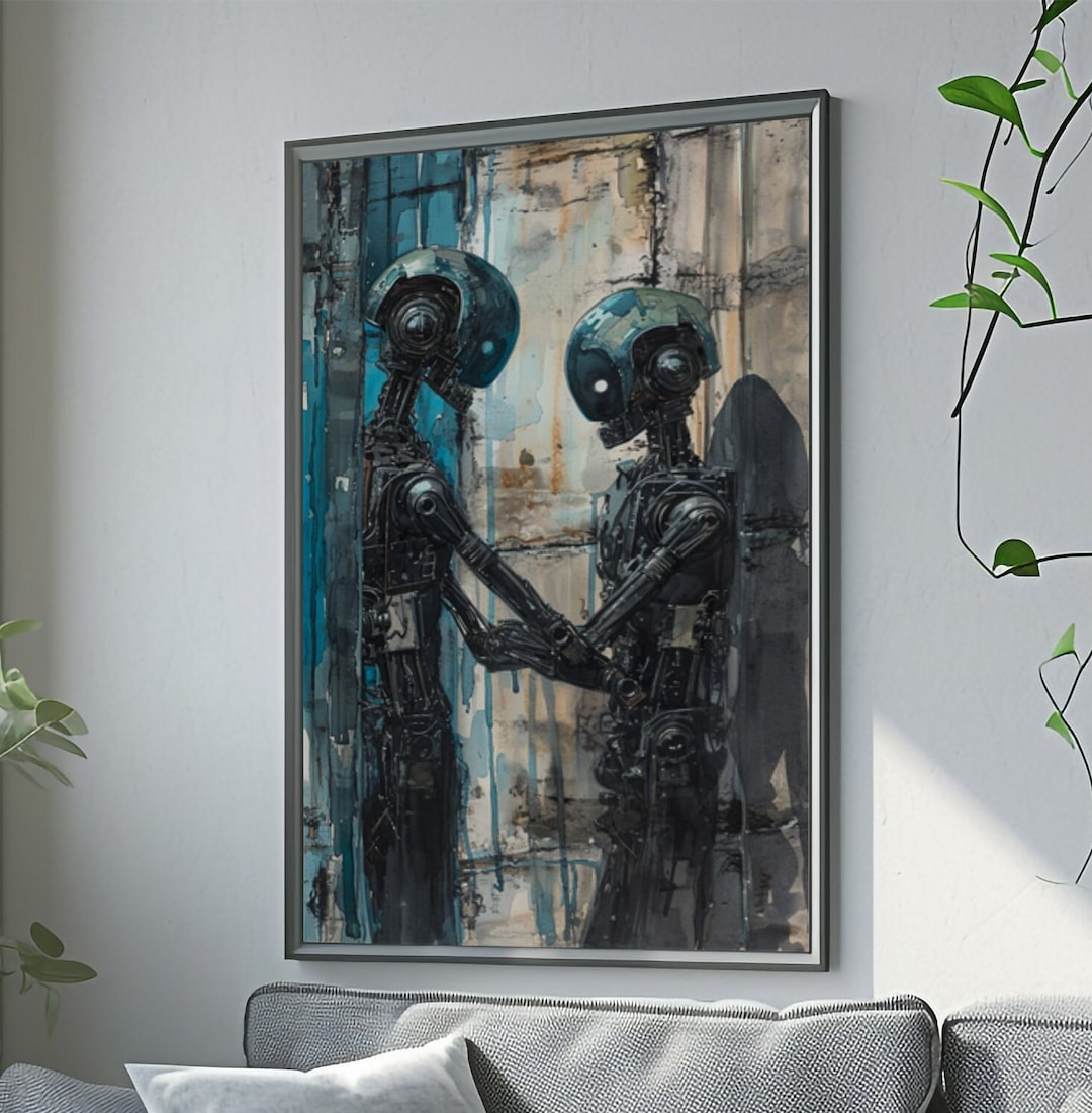 Whimsical Robot Couple Wall Art, Modern Robot Print, Humanoid Lover ...