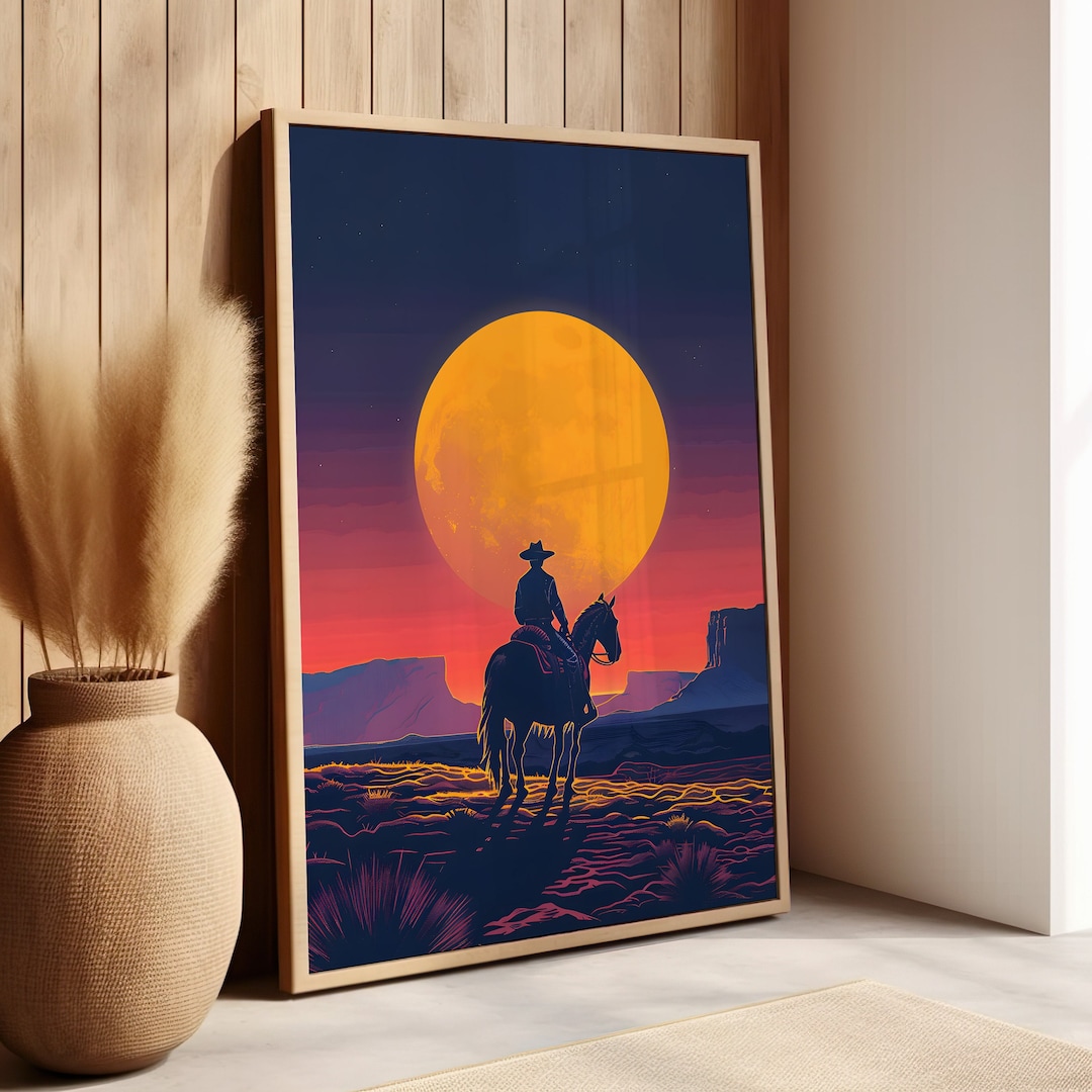 Full Moon Over Cowboy Riding Horse Vector Poster or Canvas Print, Dark ...