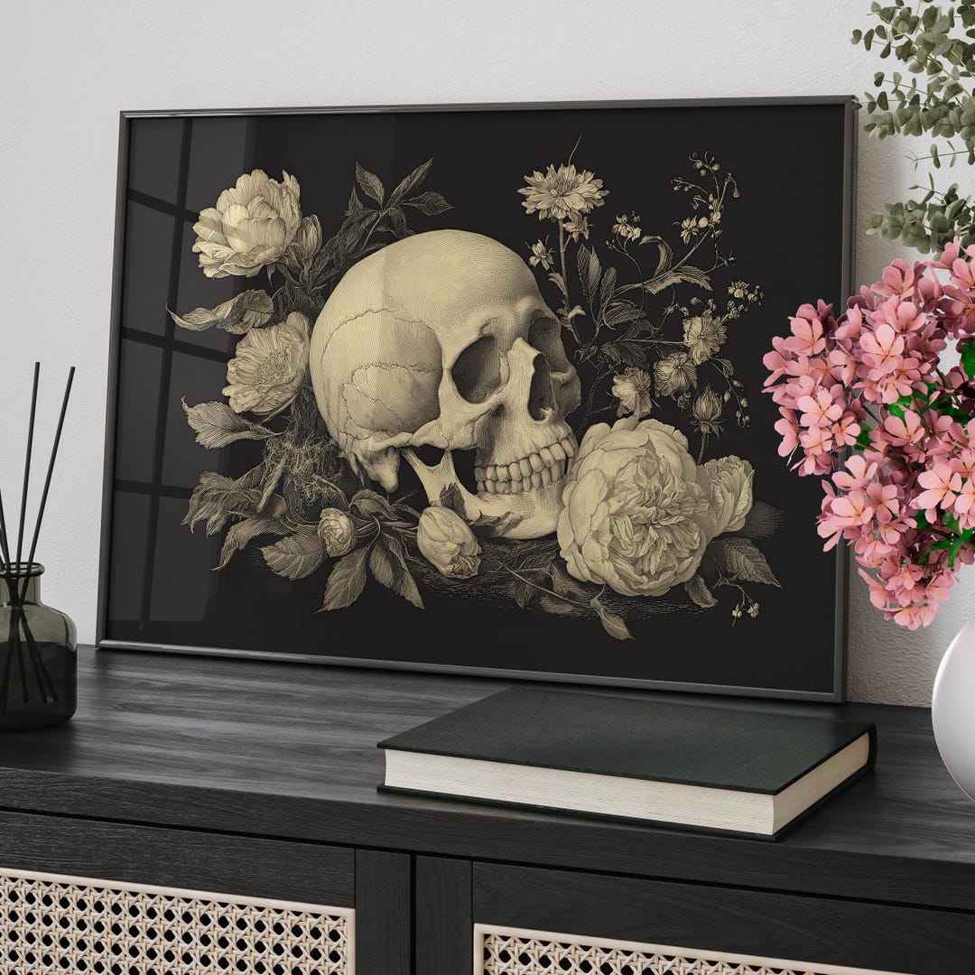 Skull Flowers Botanical Wall Art Poster or Canvas Print, Gothic Floral ...