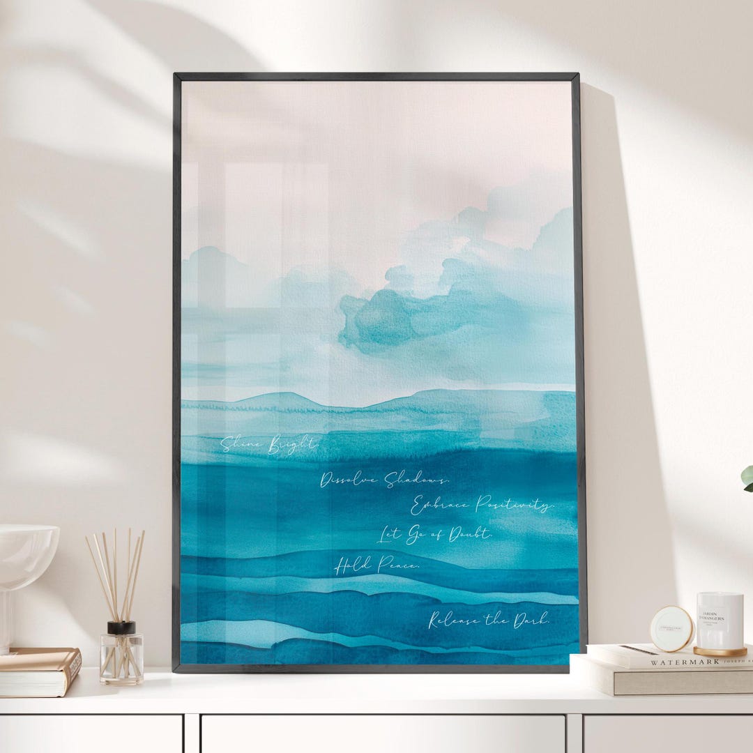 Shine Bright Embrace Positivity Blue Watercolor Abstract Wall Art ...