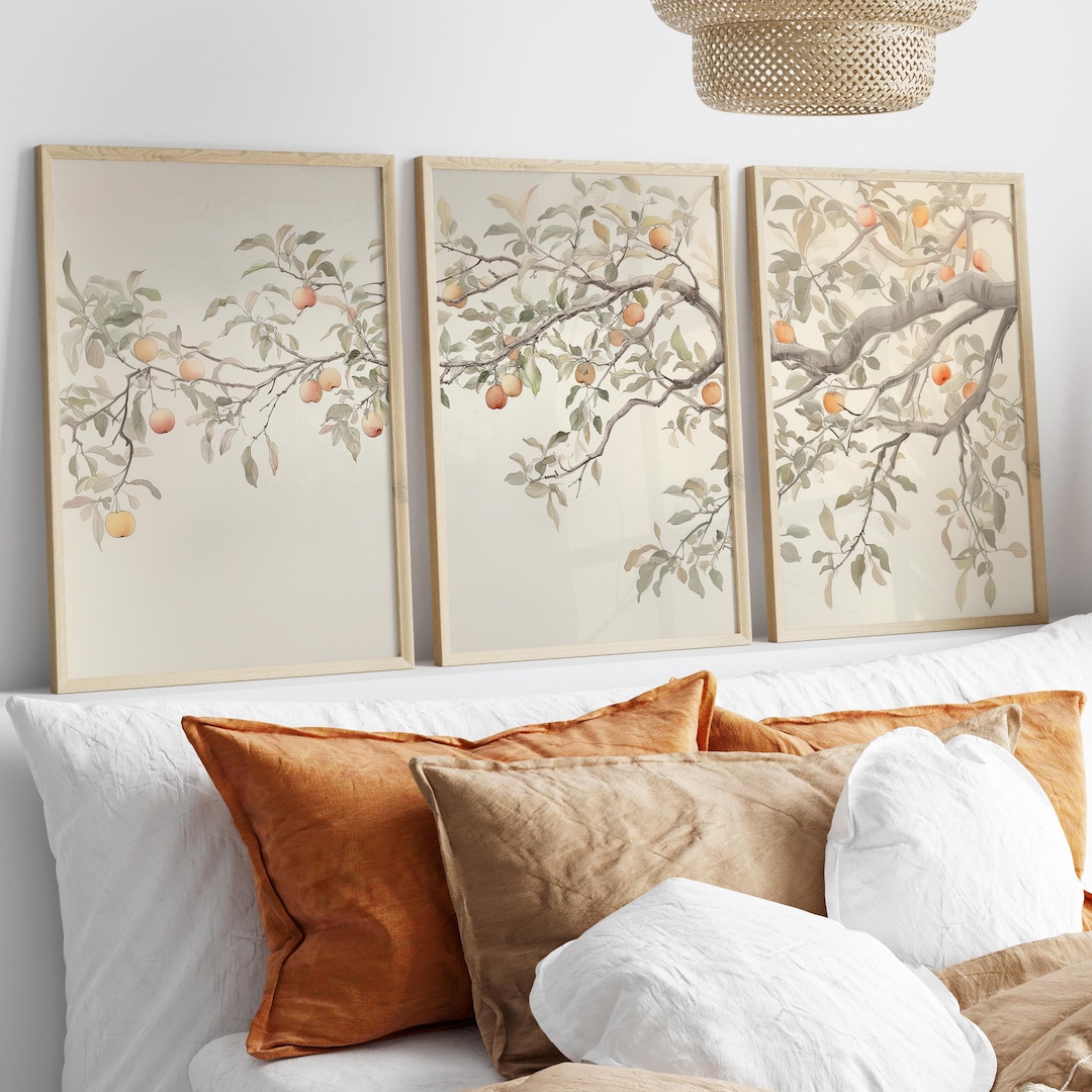 Vintage Apple Tree Branch Wall Art Set of 3 Neutral Watercolor Painting ...